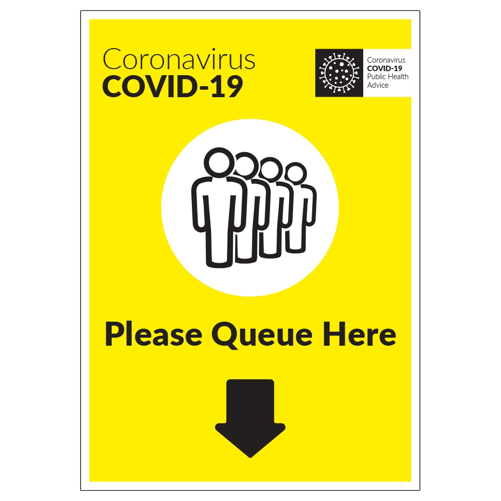 COVID-19 Please Queue Here Arrow Down Sign